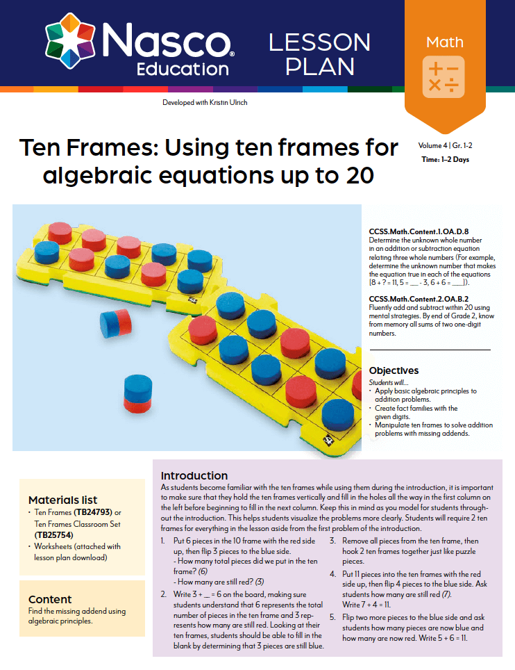 Ten Frames Algebraic Equations Lesson Plan